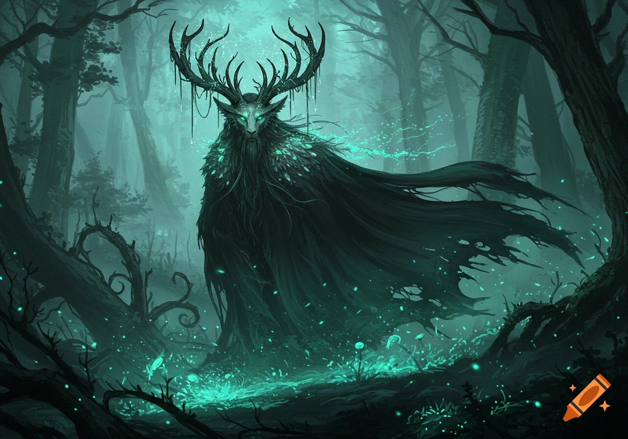 A dark cloaked figure with antlers stands in a misty, eerie forest, lit ...