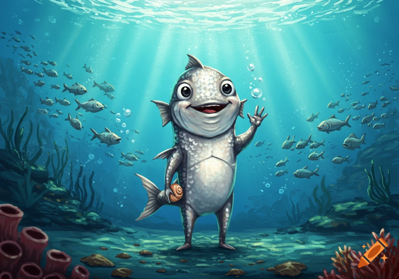 A cute, smiling anthropomorphic fish waves underwater, surrounded by ...