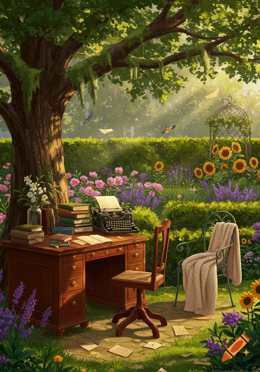 A vibrant fantasy illustration of a wooden writing desk with a ...