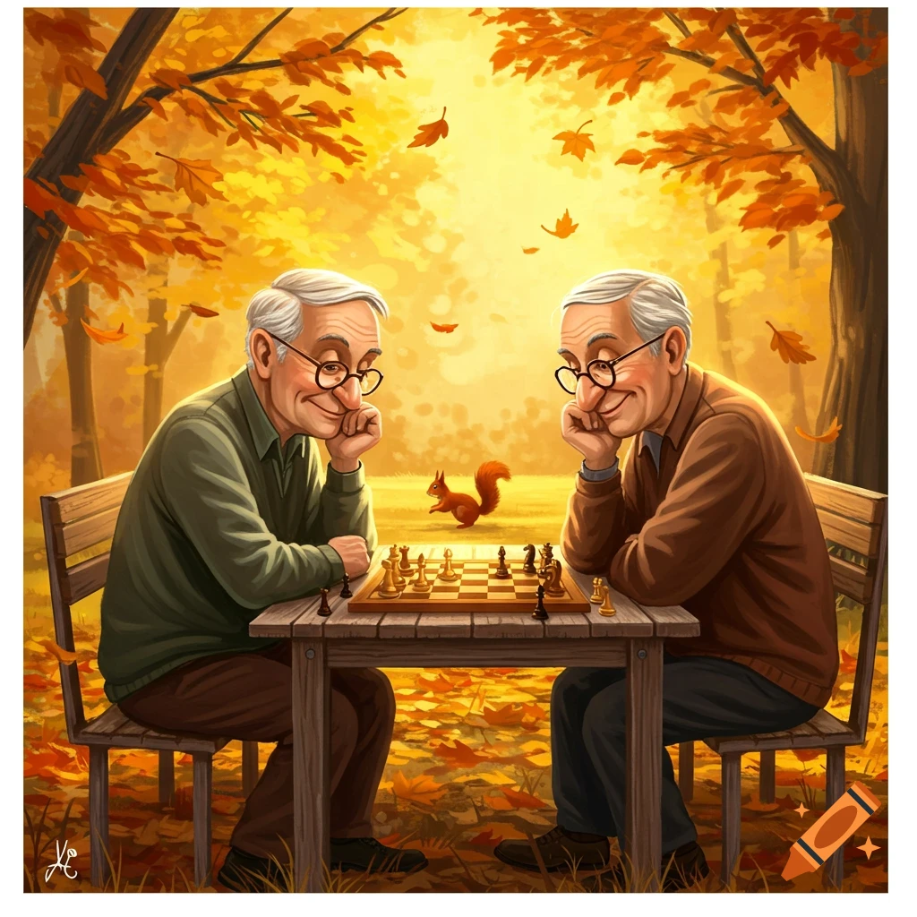 An elderly woman and a distinguished beaver play chess at a stone table ...
