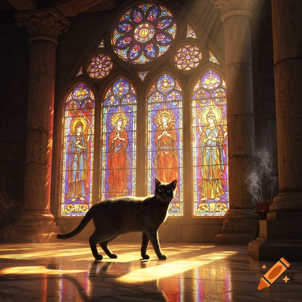 A black cat walks in a grand temple with sunlit marble floors and ...