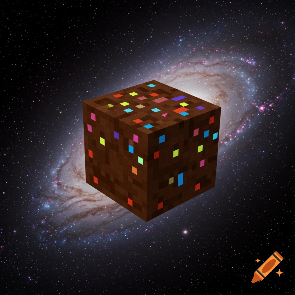 A pixelated Minecraft-style cosmic brownie cube with colorful sprinkles floats in outer space ...