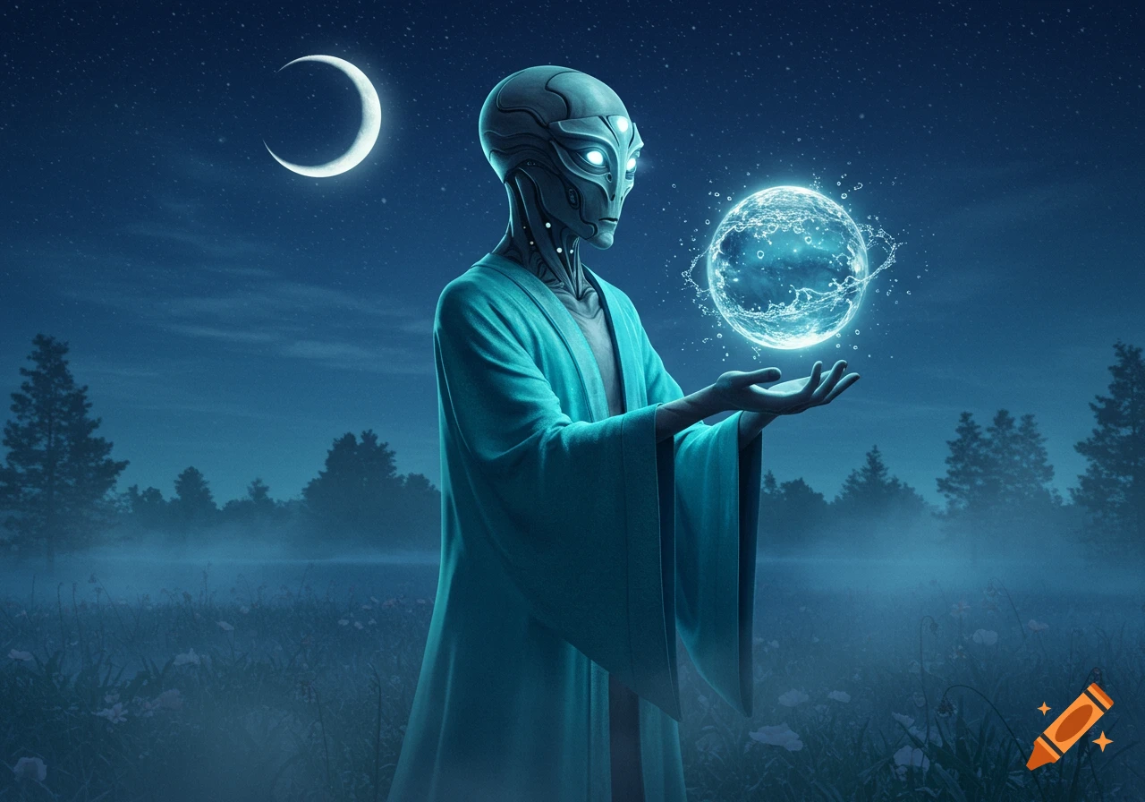 A grey alien in a robe holds a glowing sphere of water in a misty field ...
