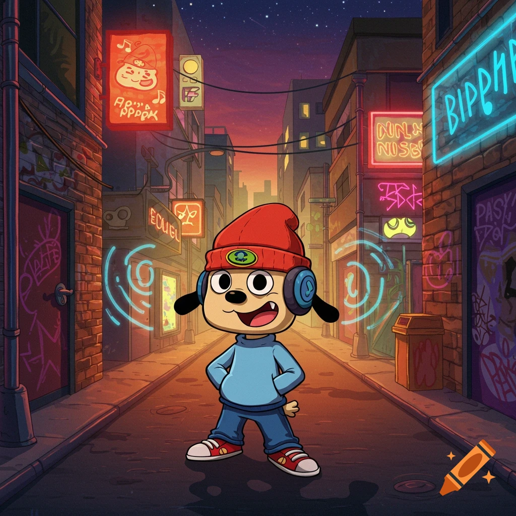 Parappa the Rapper, a cartoon dog, stands in a neon-lit urban alleyway ...