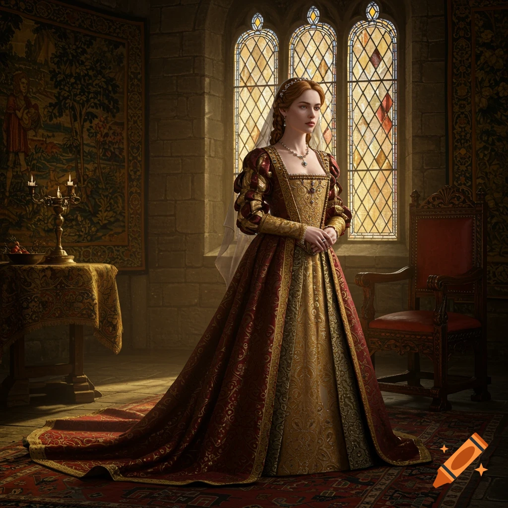 A woman in an elaborate red and gold historical gown stands in a grand ...