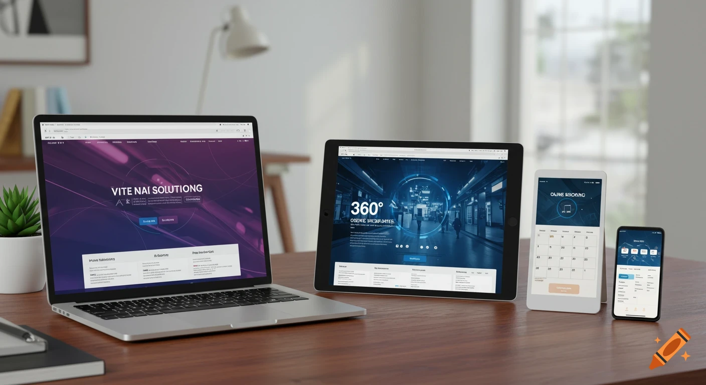 A laptop, tablet, and smartphone displaying digital solutions like a website, 360 tour, and ...