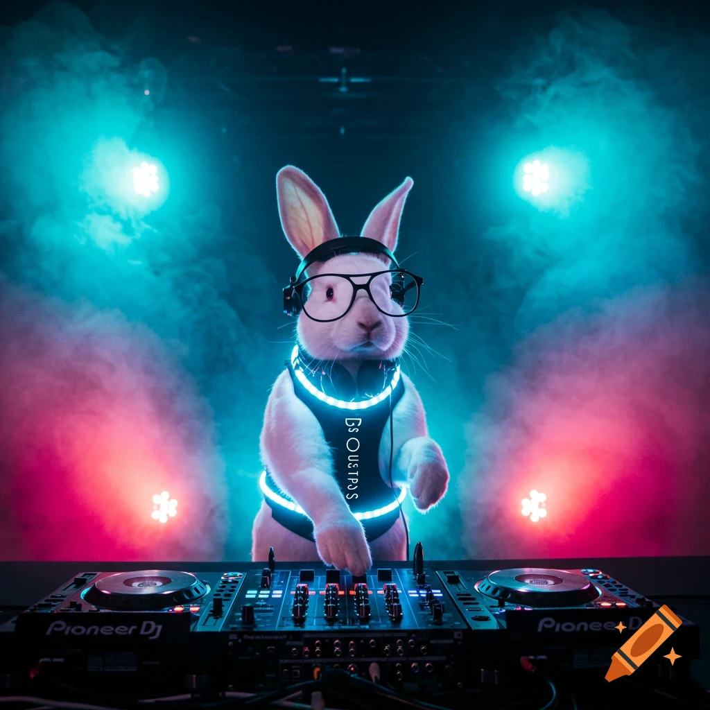 A white rabbit DJ wearing sunglasses, headphones, and a glowing harness ...