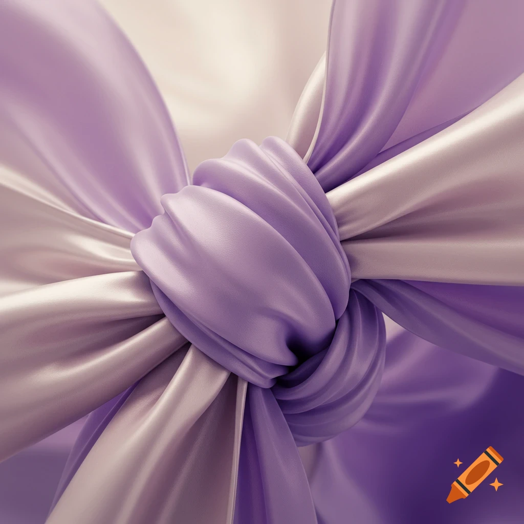 Close-up of intertwined and knotted shiny satin fabric in lavender and ...