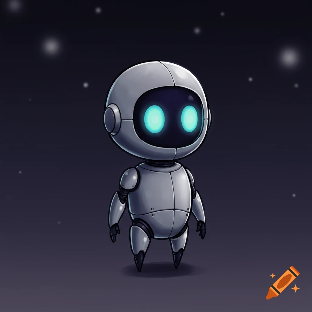 A cute, small gray robot with glowing blue eyes stands against a dark ...