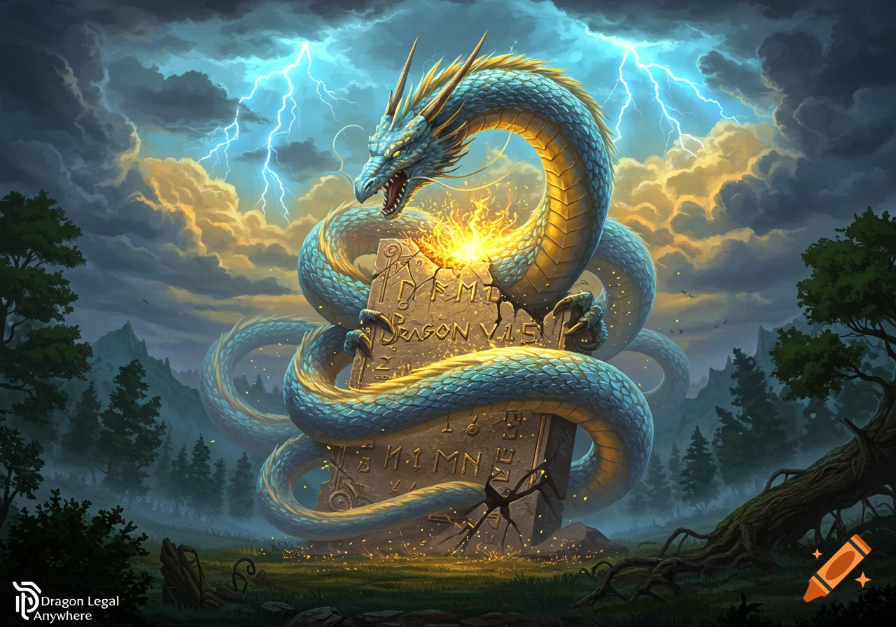 A majestic blue and gold dragon coils around a glowing, cracked stone ...