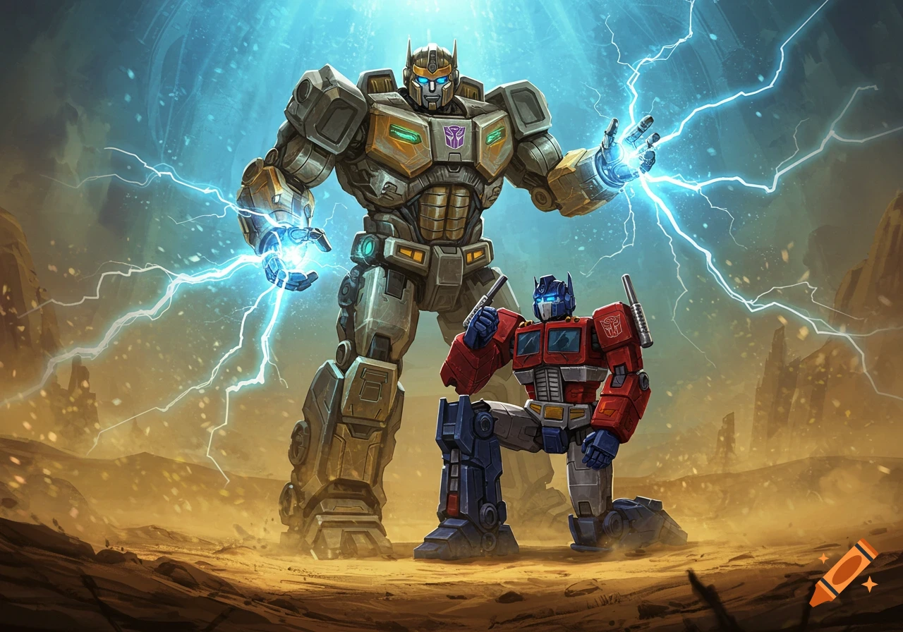 A large grey and gold robot stands over a kneeling red and blue Optimus ...
