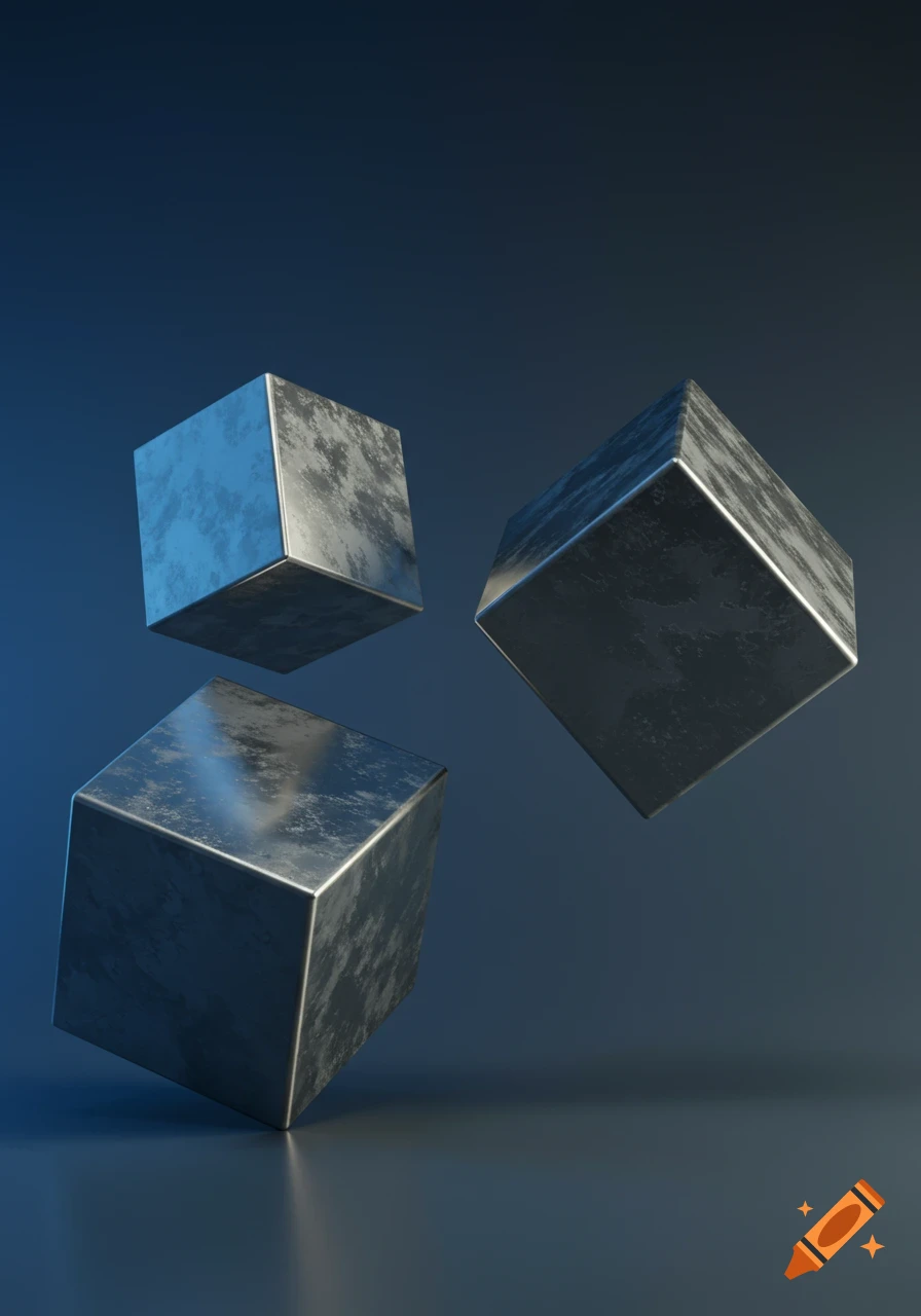 Abstract 3D render of multiple rusty, textured cubes floating against a soft, cloudy background ...