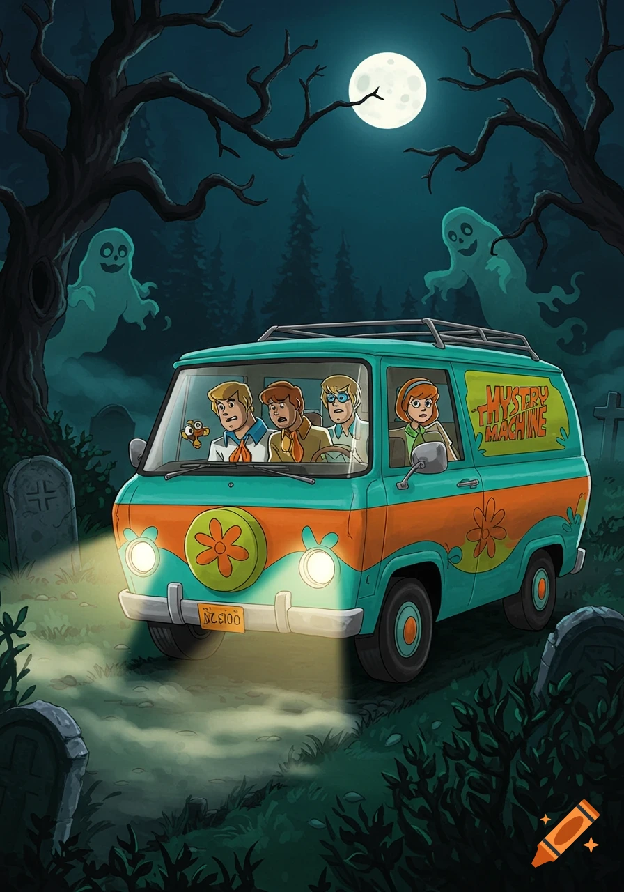 The Scooby-Doo gang drives the Mystery Machine through a spooky graveyard at night, with two ...
