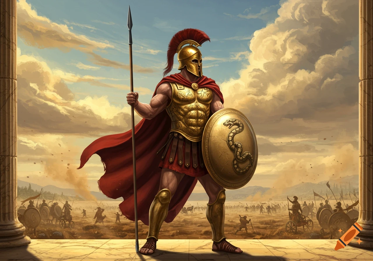 A detailed illustration of a Roman centurion in golden and silver armor ...