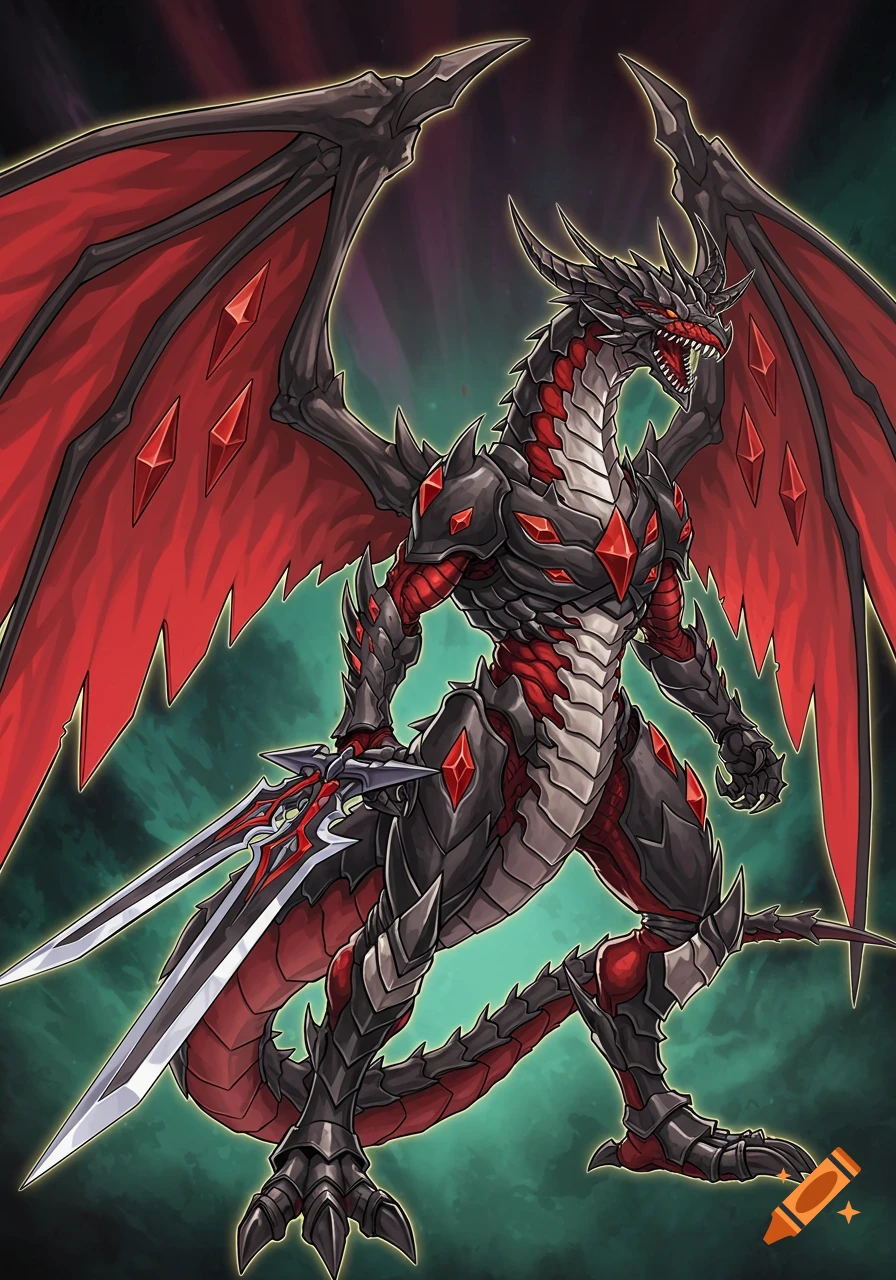 A powerful armored red and black dragon with large V-shaped wings and a ...