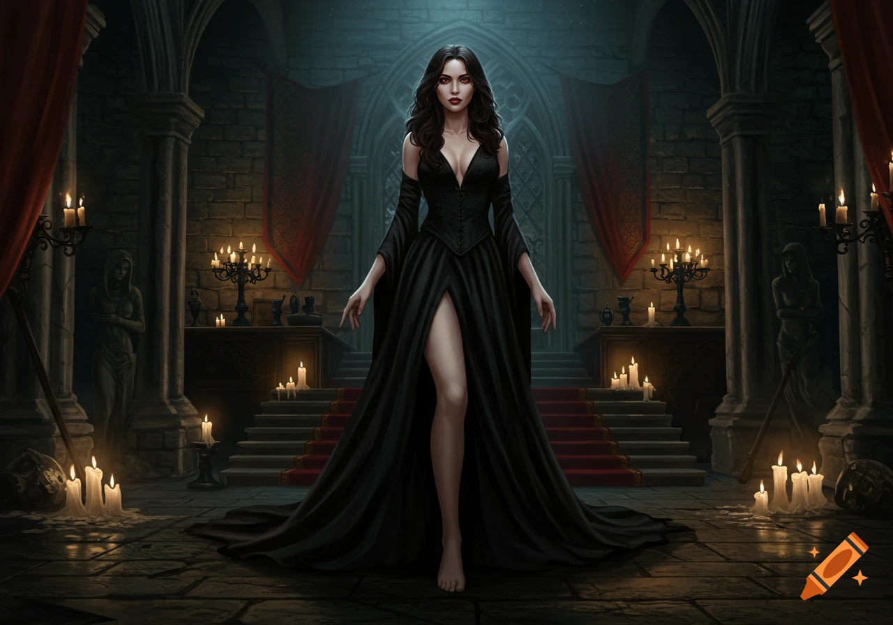 A dark-haired female vampire with red eyes in a flowing black dress ...