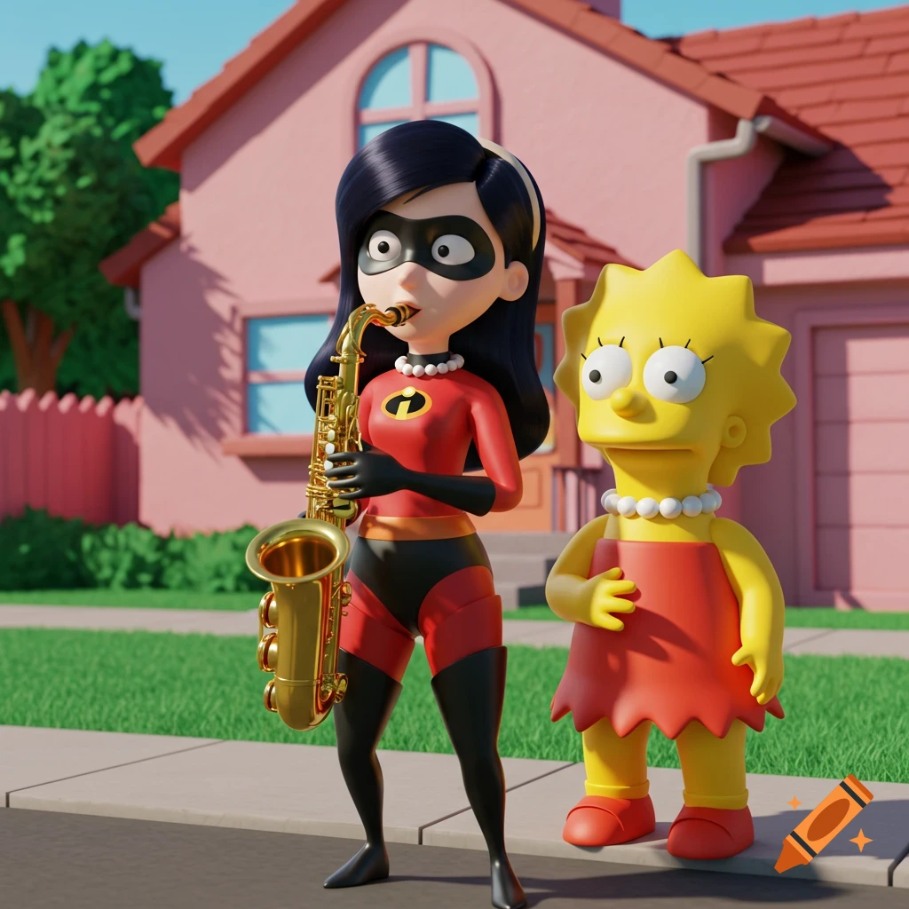 Violet from The Incredibles, wearing a red suit, plays a saxophone next ...