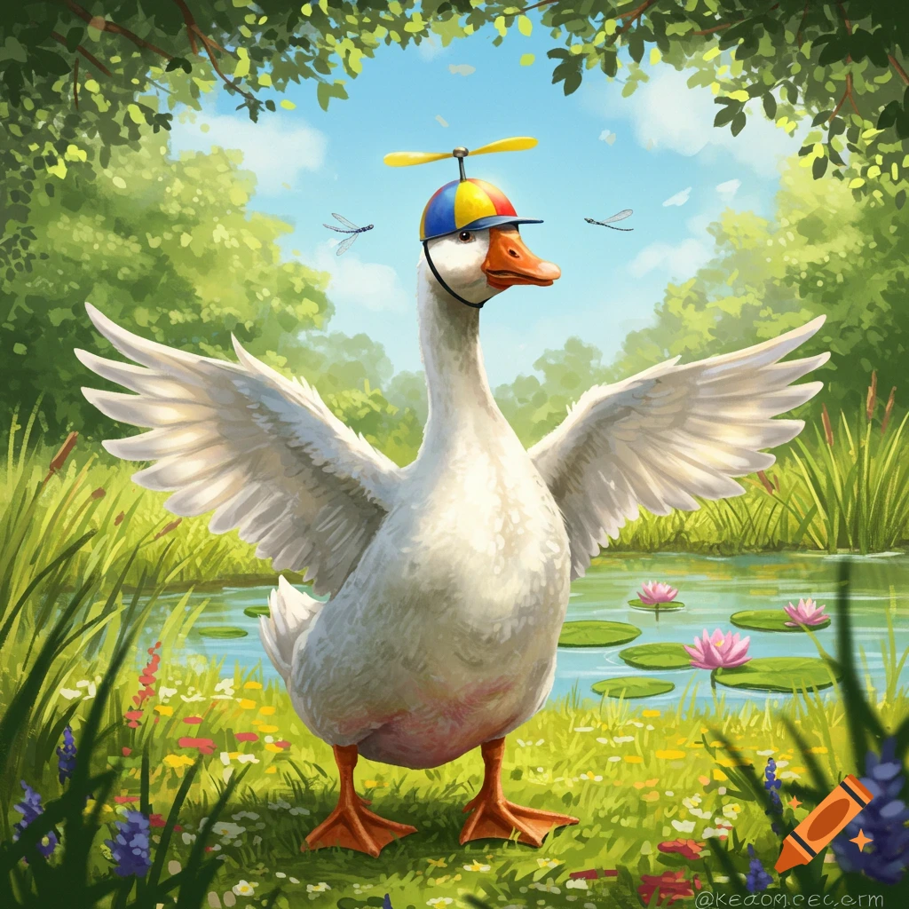 Four white geese in green military hats and gold epaulets stand on ...