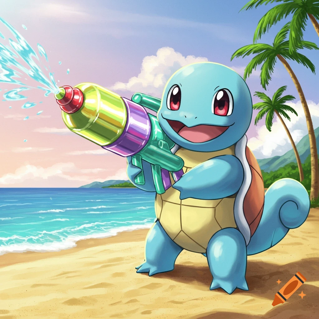 A cartoon Squirtle Pokémon stands on a sunny beach, smiling and ...