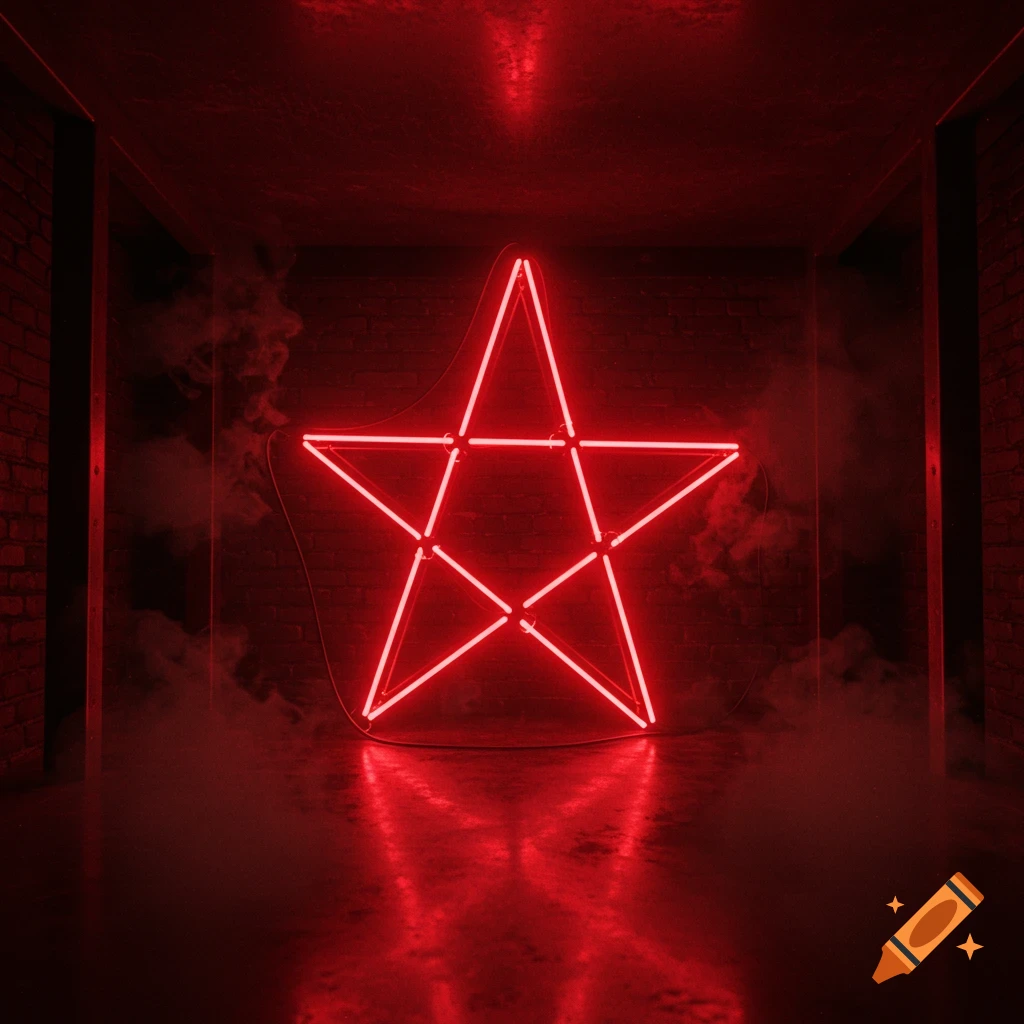 A glowing red neon pentagram sign in a dark, smoky room with brick ...