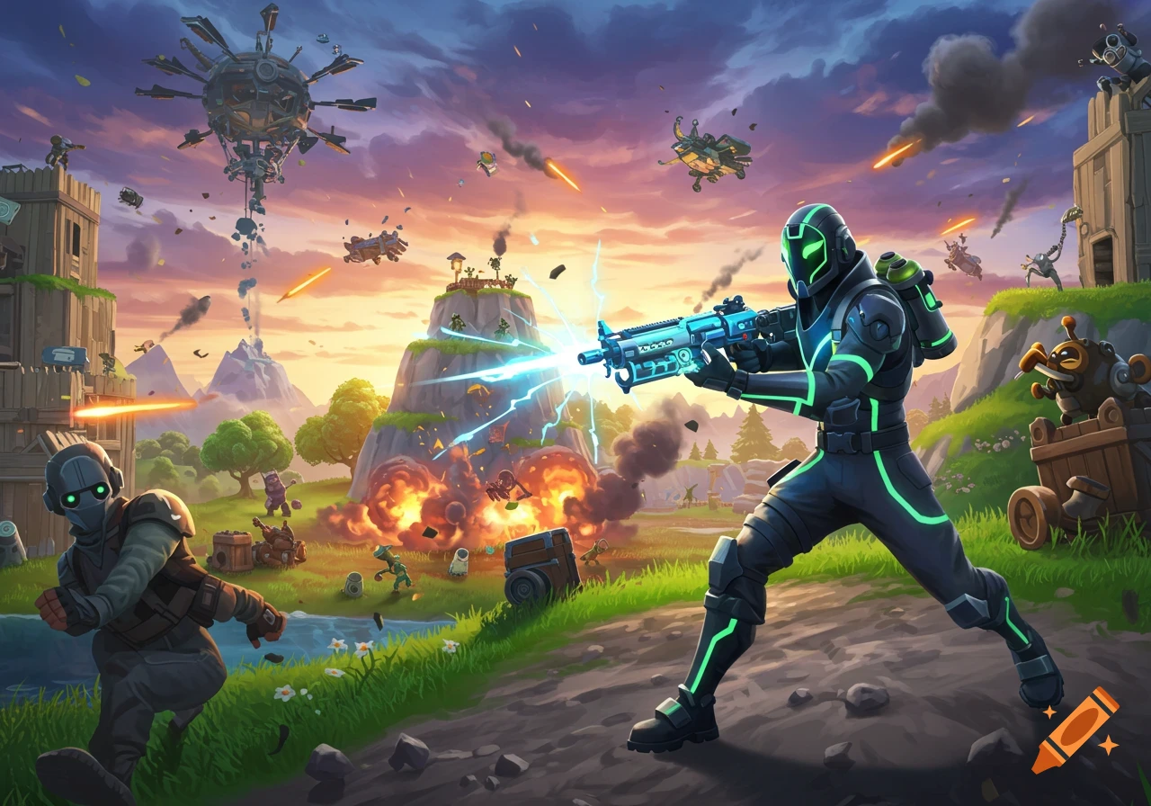 A vibrant cartoon-style battle scene featuring futuristic soldiers ...