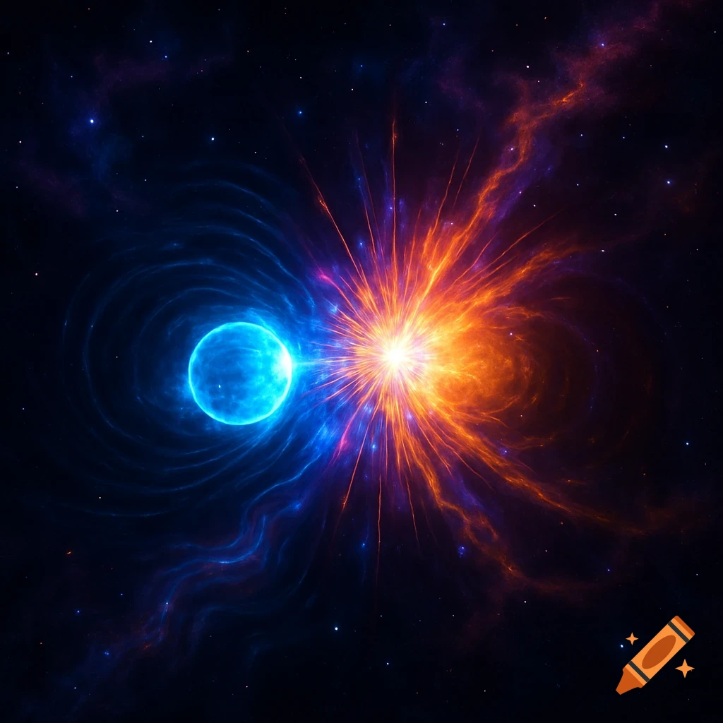 A fiery red dwarf star with glowing energy arcs surrounded by vibrant ...