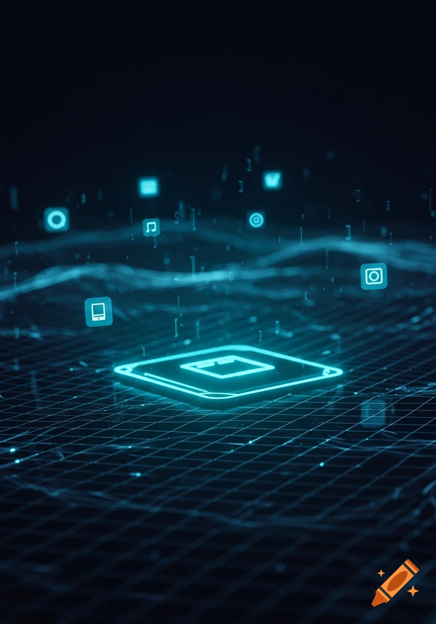 A glowing blue-green digital platform on a dark grid, with various app ...