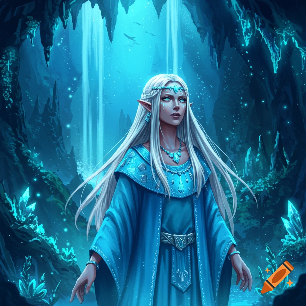 An ethereal elf woman with long white hair and a blue gown stands in a ...