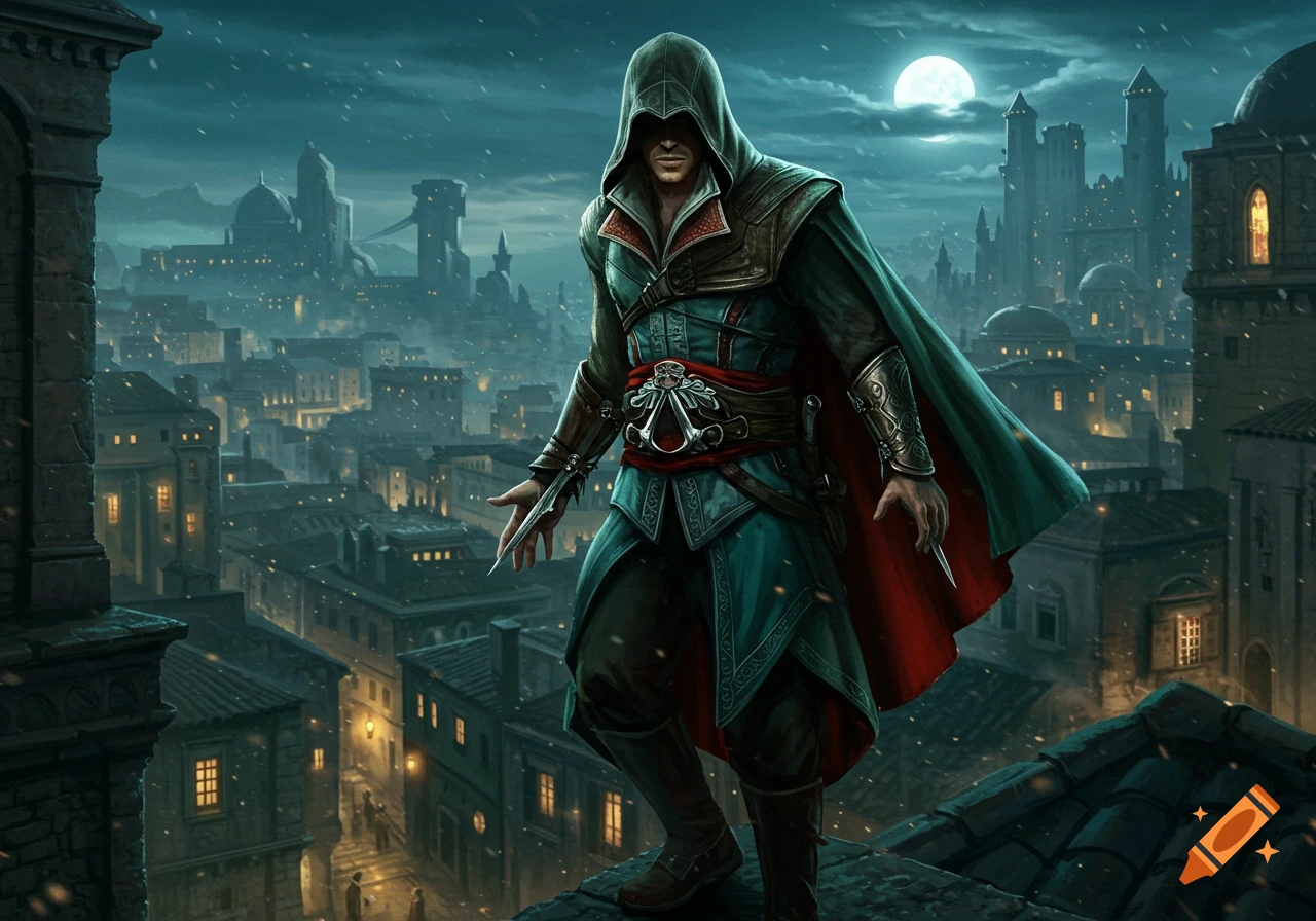 A hooded assassin in teal and red stands on a snowy rooftop overlooking ...