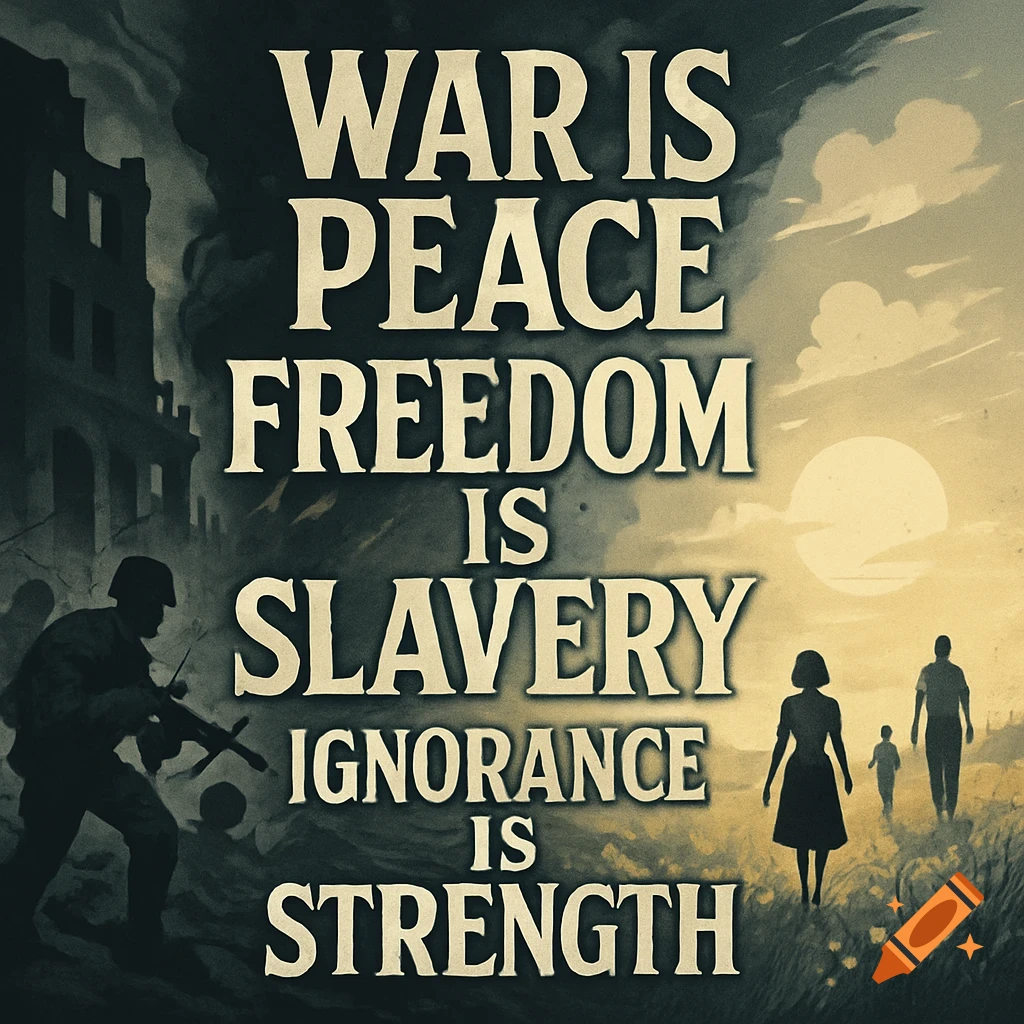 Dystopian art with a soldier in ruins, civilians, and the text 'WAR IS ...