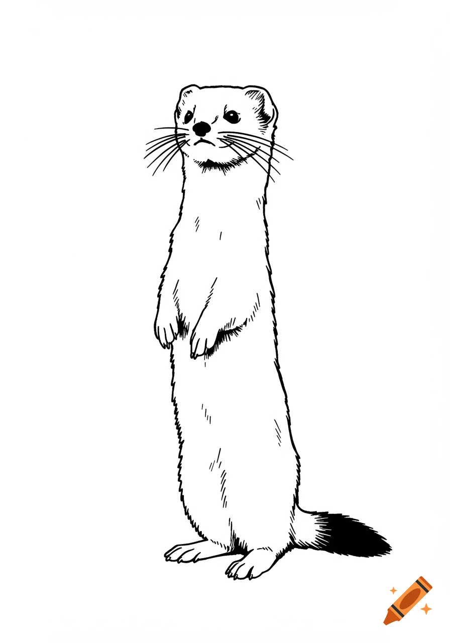 Black and white line art illustration of a stoat standing upright on ...