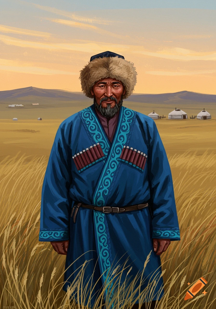 Illustrative painting of a Central Asian man in blue robes and fur hat ...
