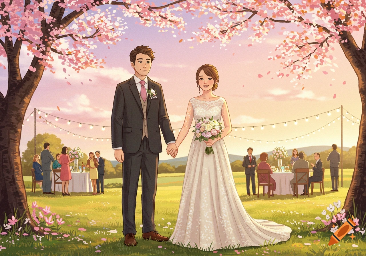 A cartoon illustration showing two nearly identical wedding reception ...