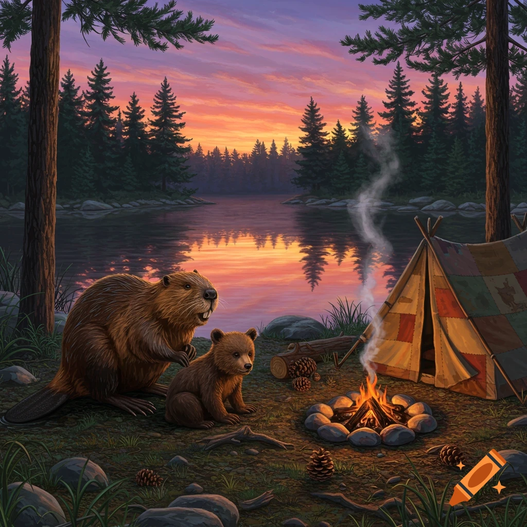 A beaver and a bear cub sit by a campfire and tent at a lakeside ...
