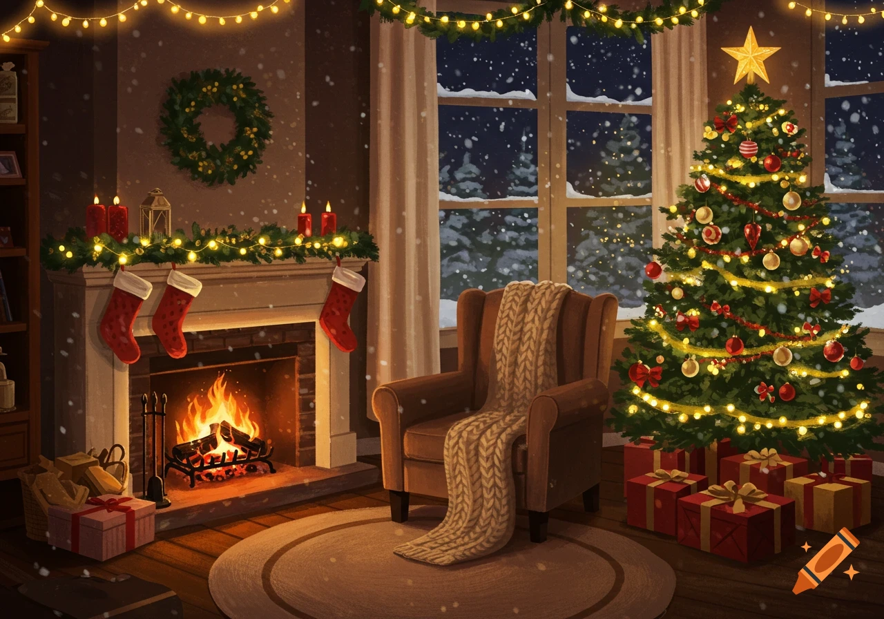 Cozy Christmas living room with a large glowing red heart light ...