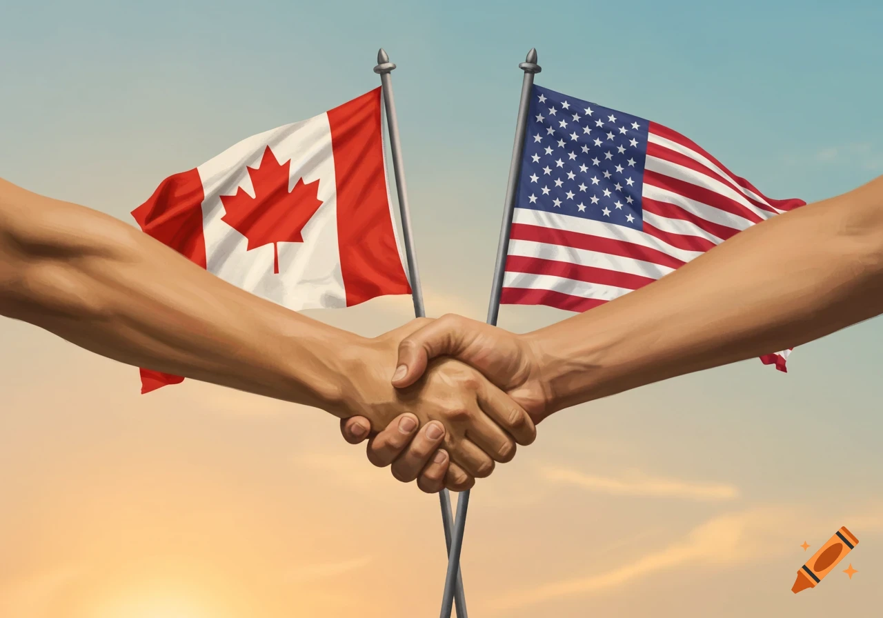 Two hands shaking beneath Canadian and US flags, set against a sunset ...
