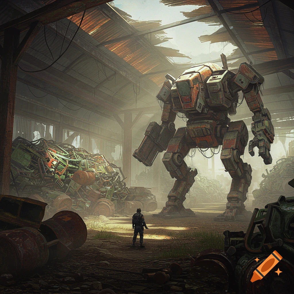 A person stands before a colossal, rusty mech in a misty, dilapidated ...