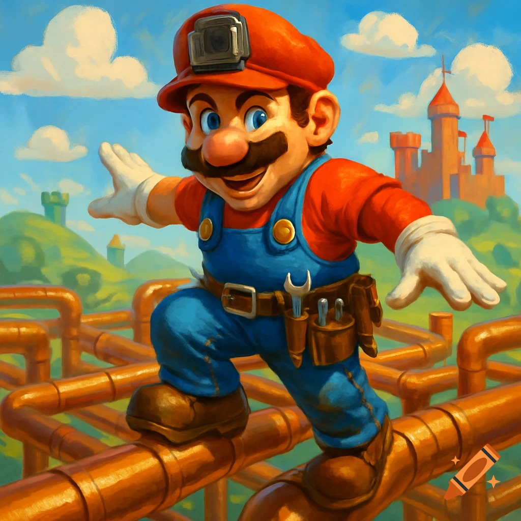A cartoon plumber resembling Mario with a camera on his cap balances on ...