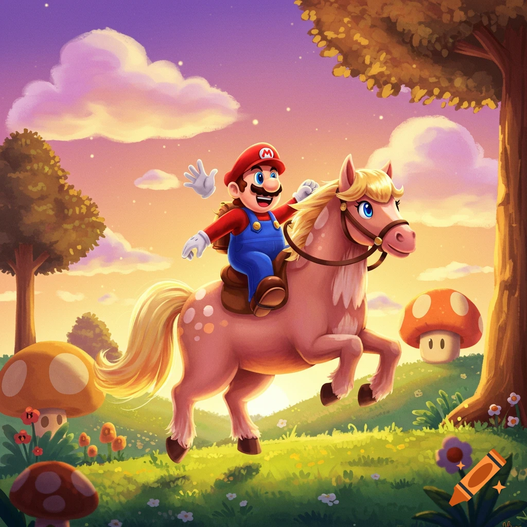 Mario happily rides a peach-colored horse through a vibrant, mushroom ...