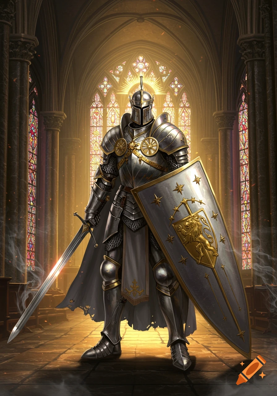 A knight in shining armor with a sword and shield stands in a grand ...