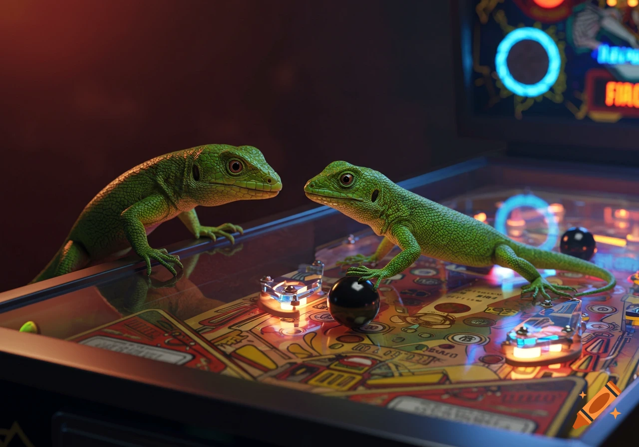 Two green lizards stand on a brightly lit pinball machine, facing each ...