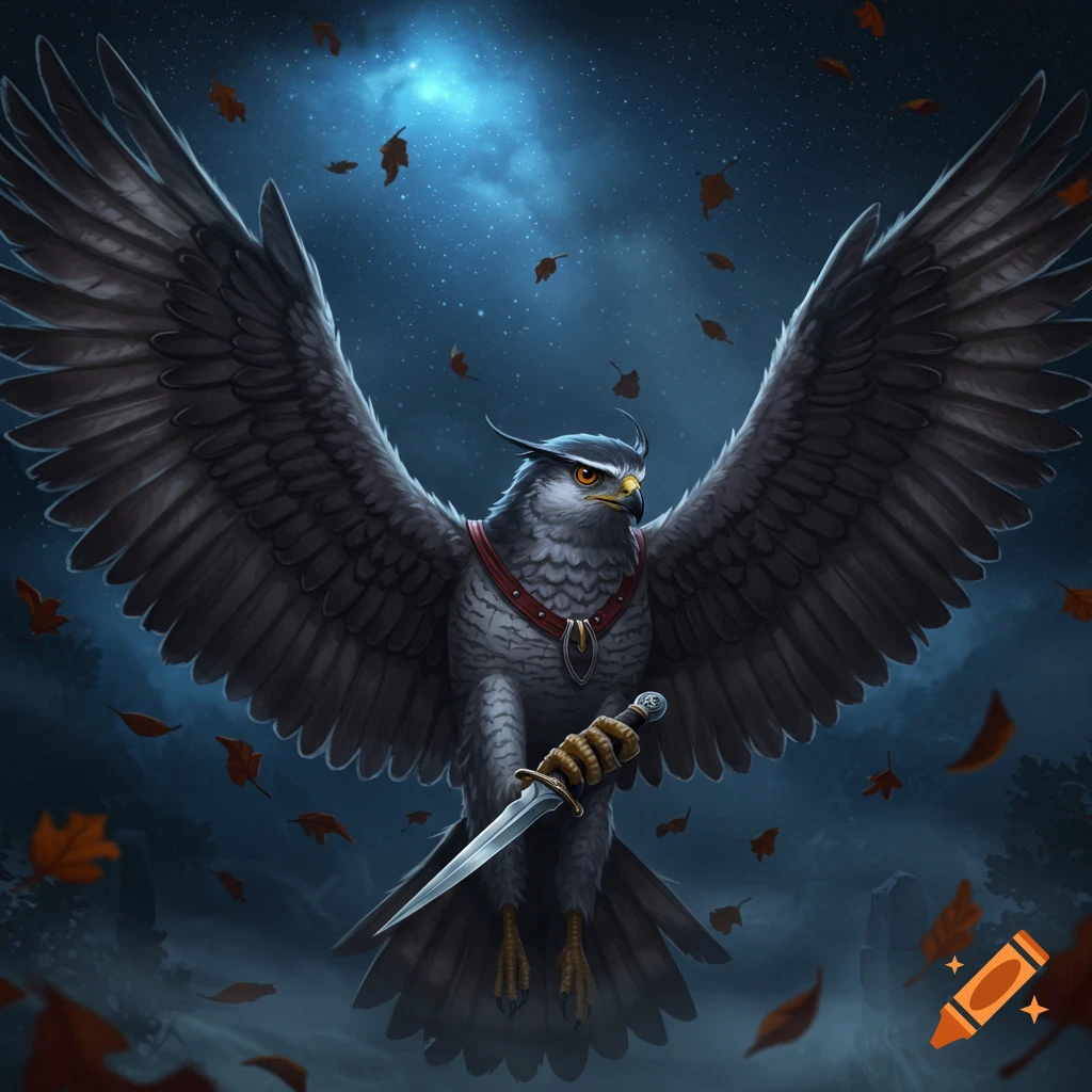 A fantasy night hawk with spread wings holds a dagger in its talons ...