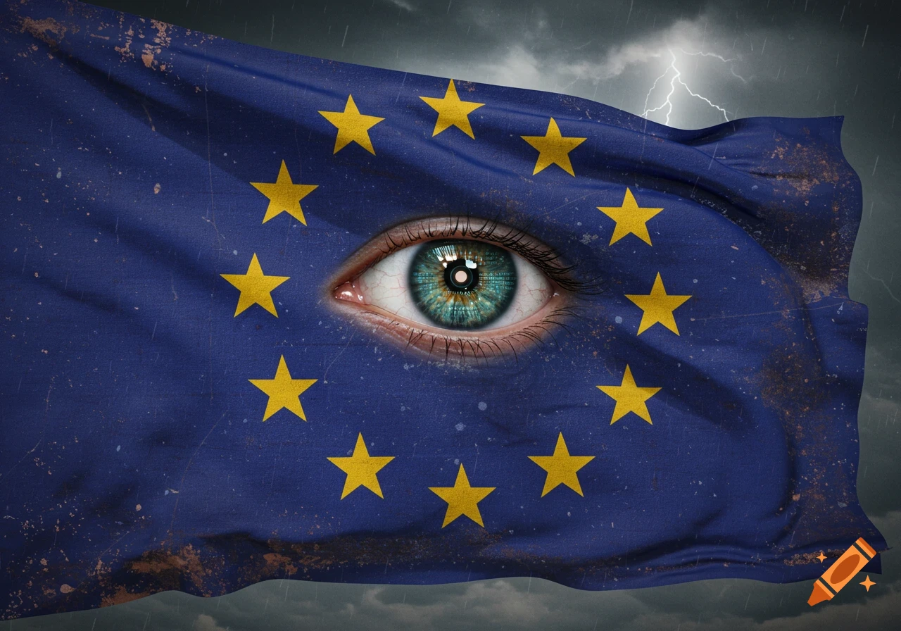 Worn European Union flag with a detailed surveillance eye in the center ...