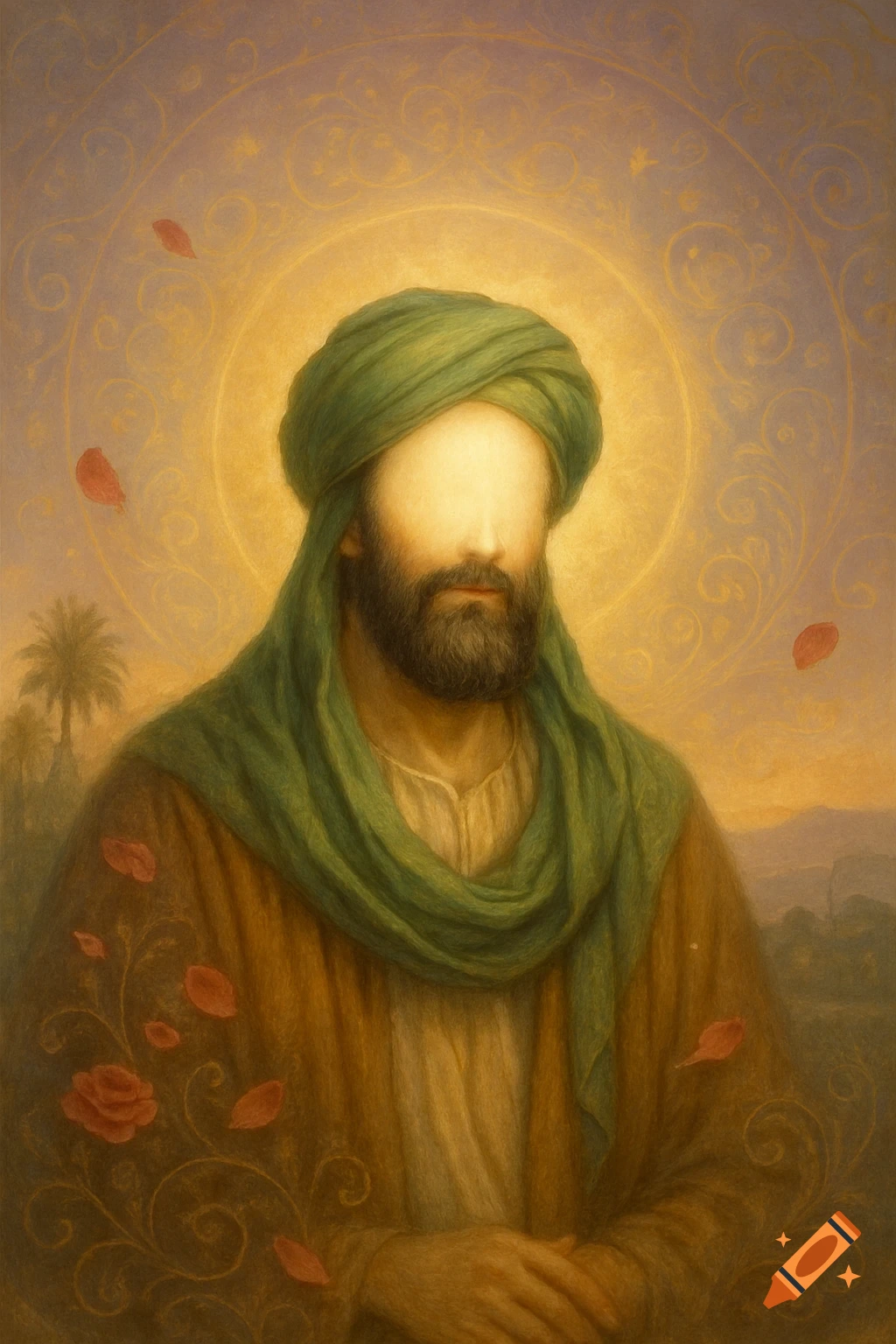 Painterly portrait of a bearded man in a green turban and robe, with a ...