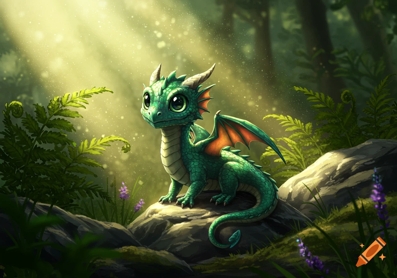 A cute green baby dragon with big eyes and small orange wings sits on a ...