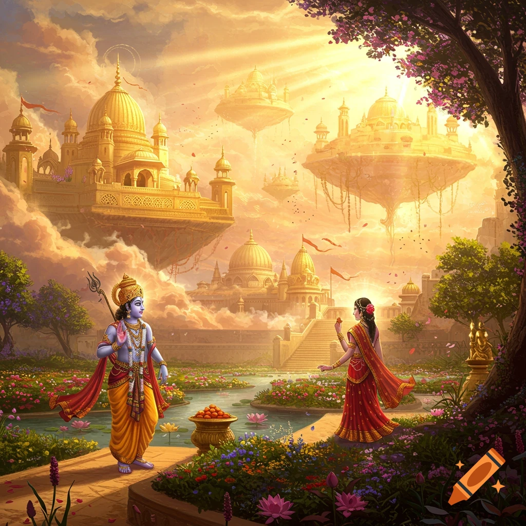 A blue-skinned male deity with a trident and a female deity in red ...