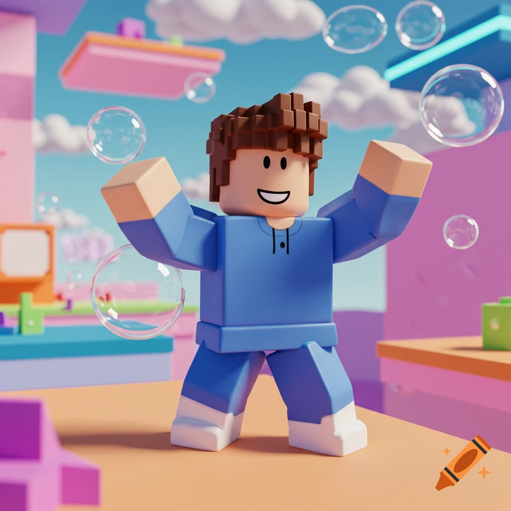 A 3D render of a Roblox-style character smiling and holding a plate ...