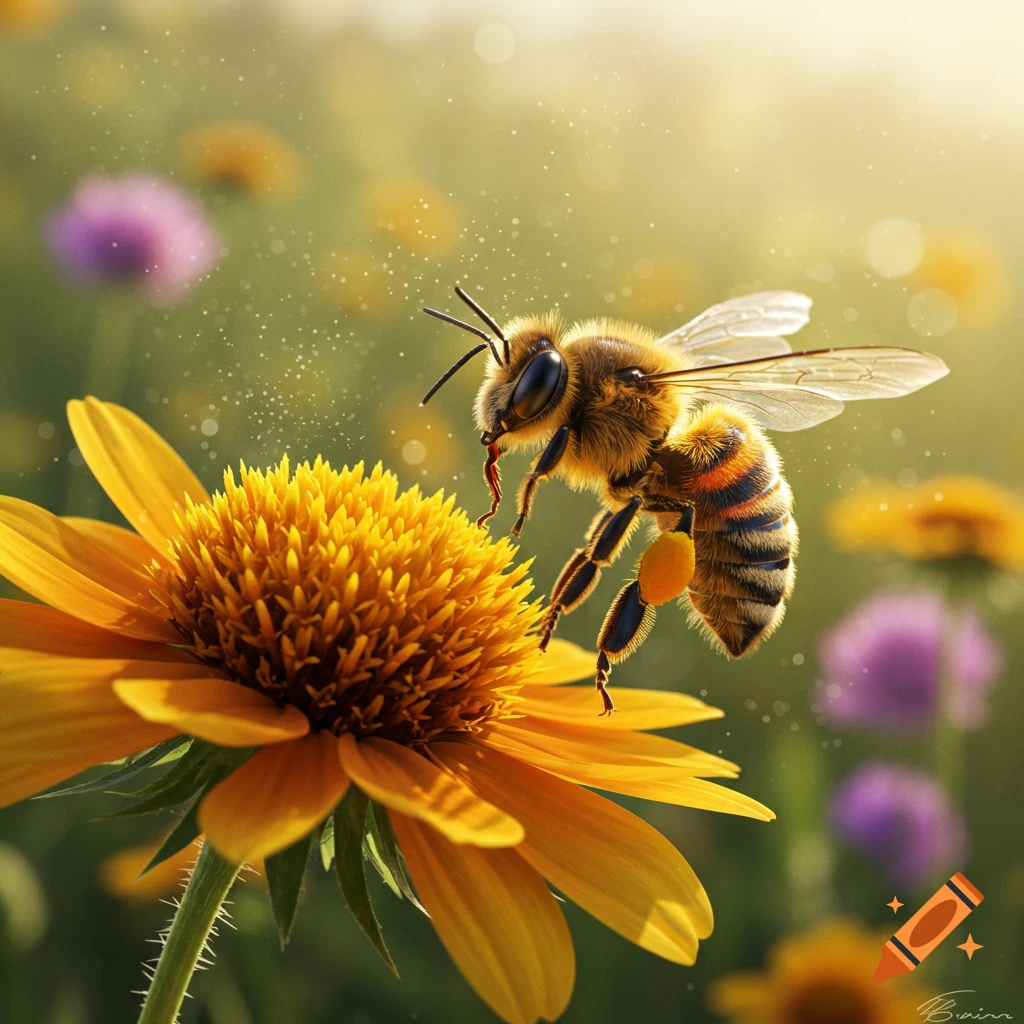 Photorealistic illustration of a bee drinking maple syrup, with maple ...