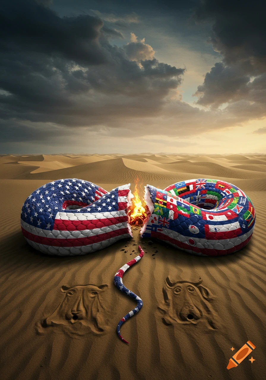 A snake, half US flag and half international flags, is cut in two and ...