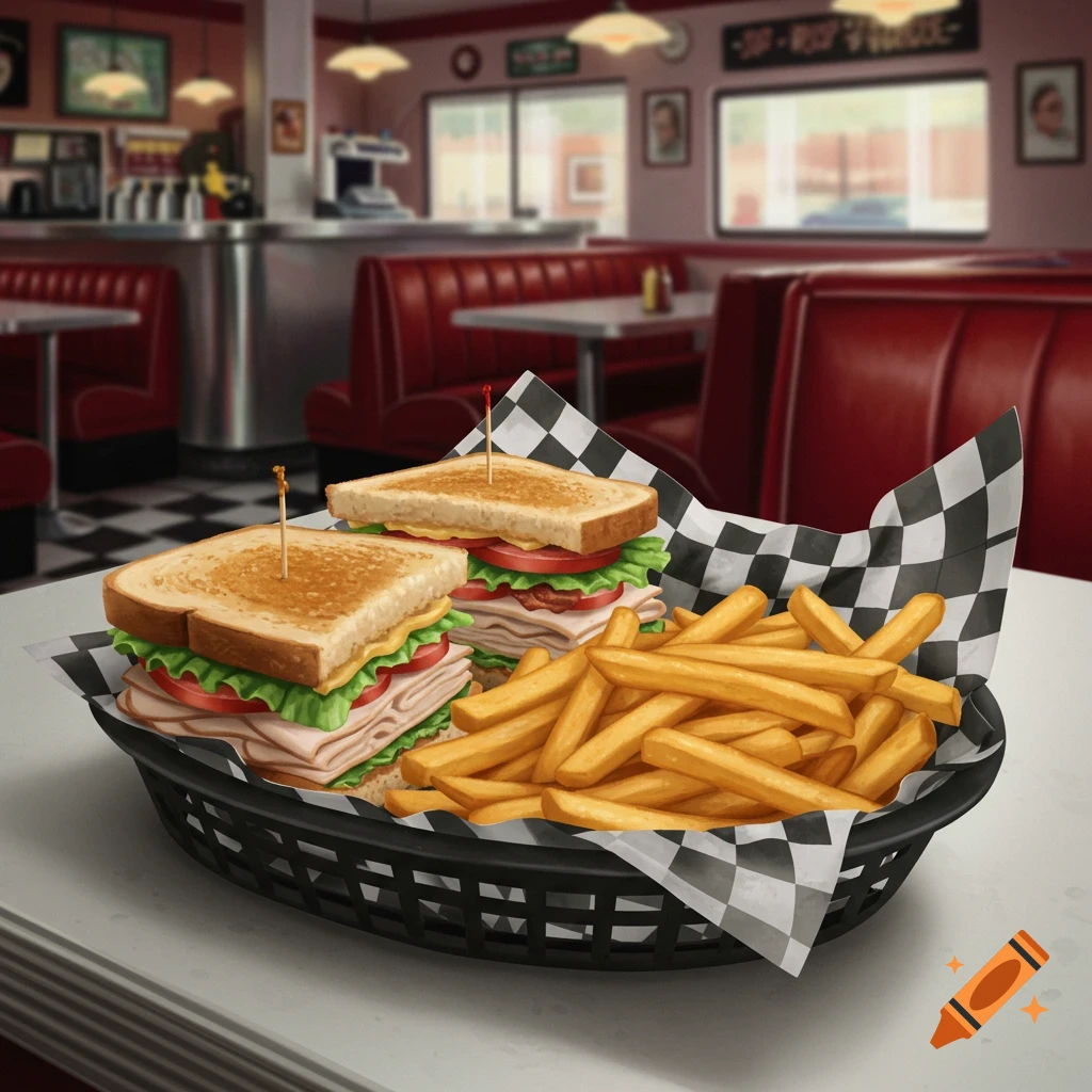 A retro illustrated diner with red booths, a black and white checkered ...